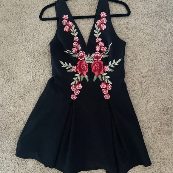 essue | Dresses | Essue Black Skater Dress With Rose Embroidery | Poshmark